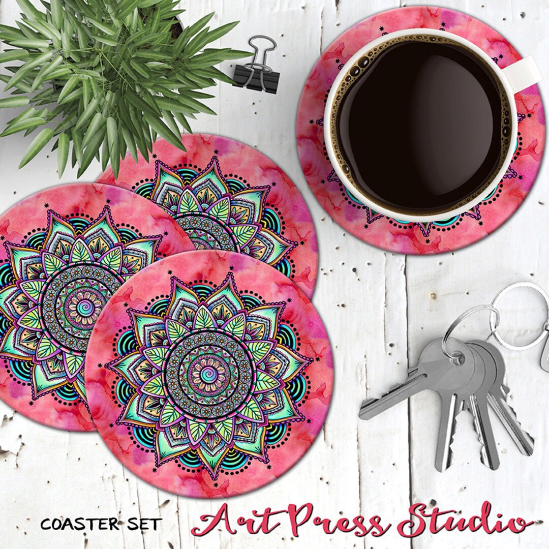 Watercolor Mandala Coasters, Boho Geometric Mandala Coasters, Hand ...