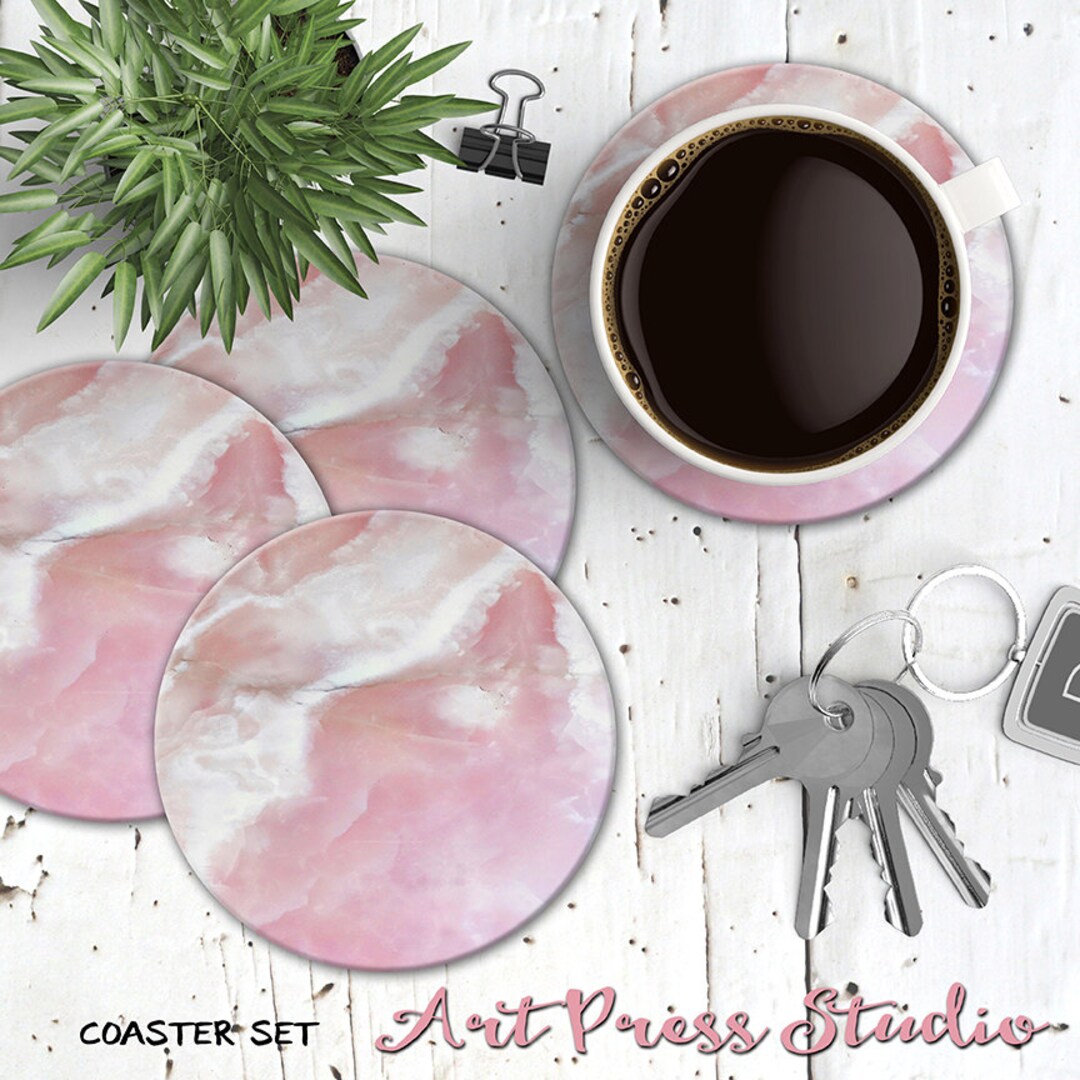 Pink Marble Coasters, Set of 4 Cork Back Pink Marble Coasters, Pastel ...