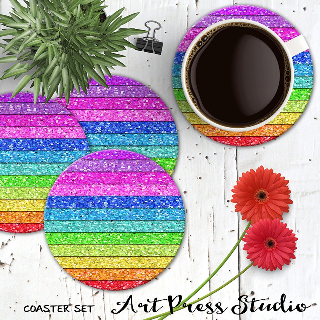 Rainbow Glitter Coasters Set of 4 Cork Back Rainbow Coasters - Etsy