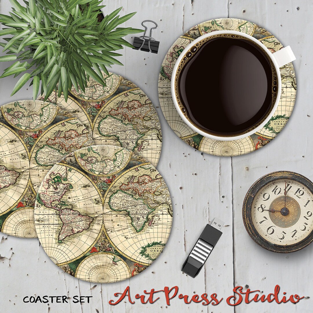 Vintage World Map Coaster Set, Map Coasters, World Travel Coasters ...
