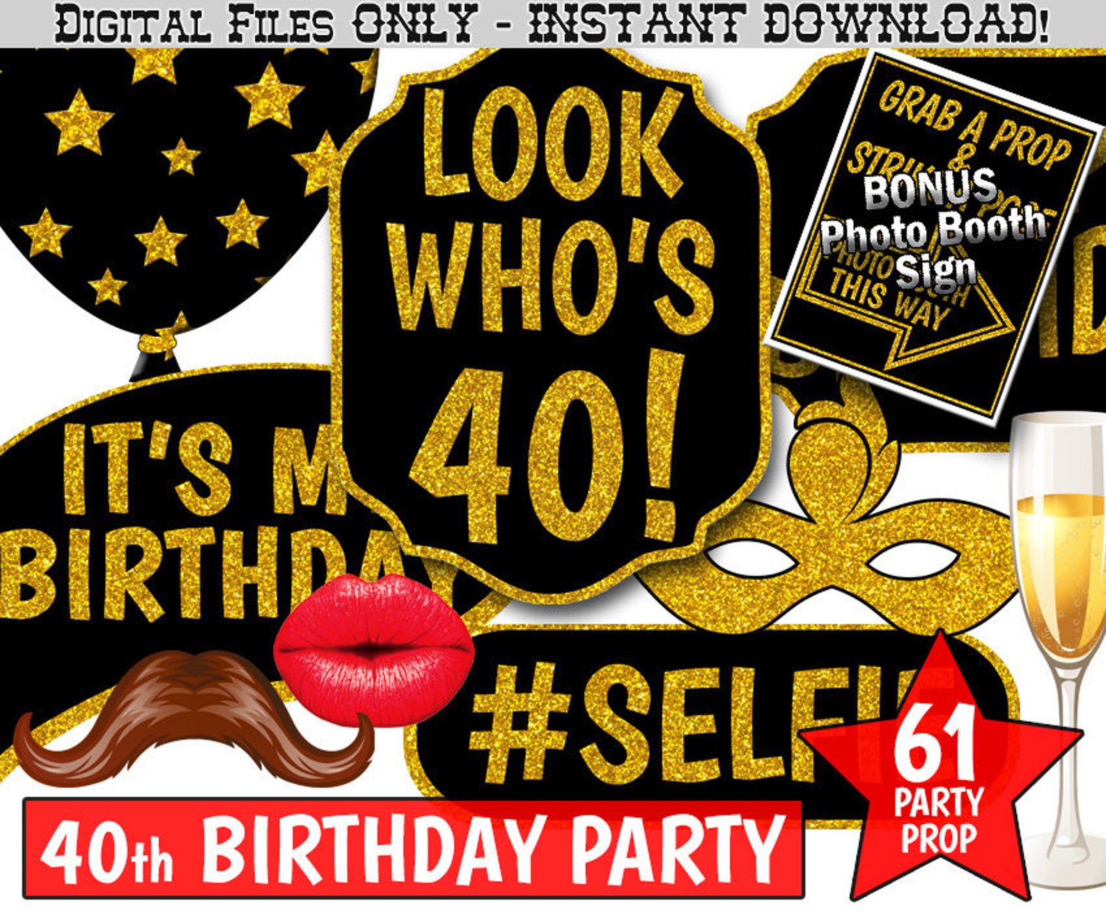 40th Birthday Photo Booth Props Gold Glitter and Black Party | Etsy UK