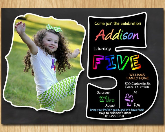 5th birthday invitation chalkboard invite rainbow colors fifth birthday ...