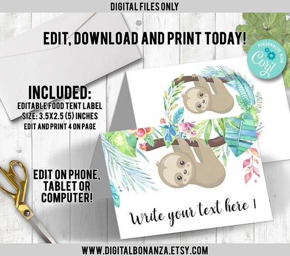 EDITABLE Sloth Birthday Food Label, Sloth Food Tent Cart, Food Tag ...