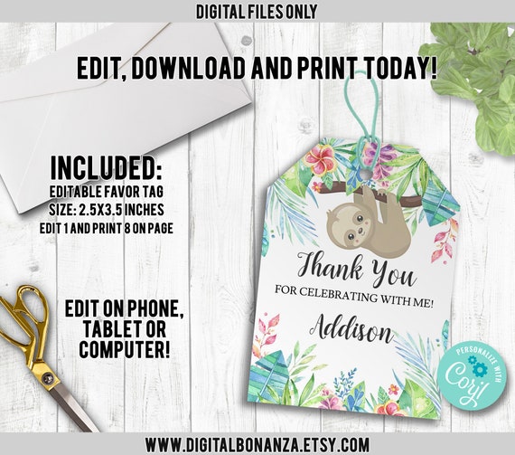 EDITABLE Sloth Birthday Favor Tag Sloth Favor Label Thank | Etsy