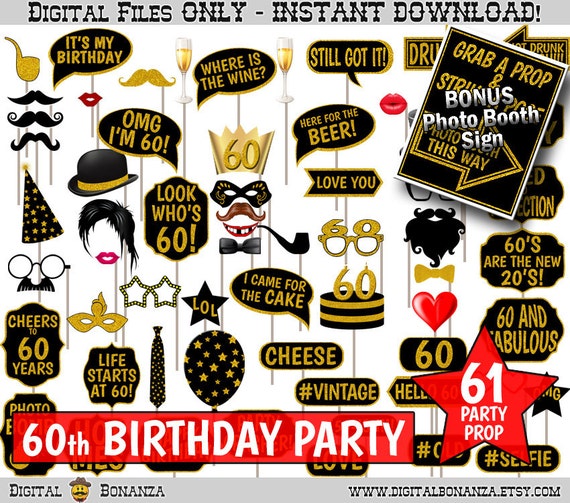 60th Birthday Party Printable Photo Booth Props Black And Gold Glitter
