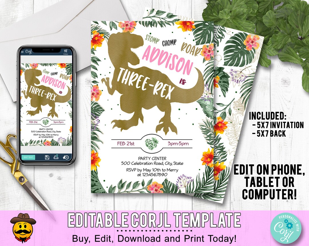 3rd Birthday Printable Invite, Three Rex Invitation Girl, T-rex ...