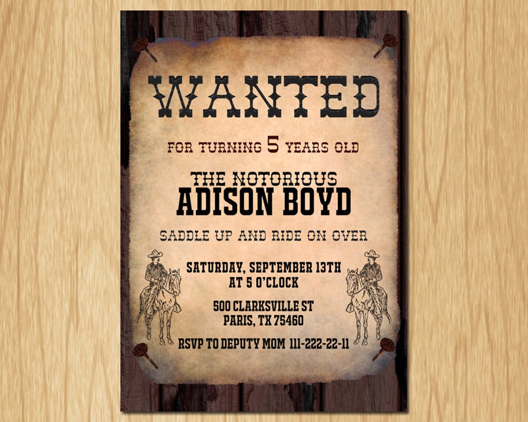 Cowboy Birthday Invitation Wanted Poster Old Wild West Birthday Party ...