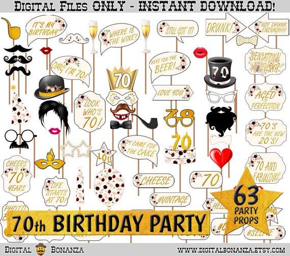 70th Birthday Party Printable Photo Booth Props Marsala Bouquet Gold ...