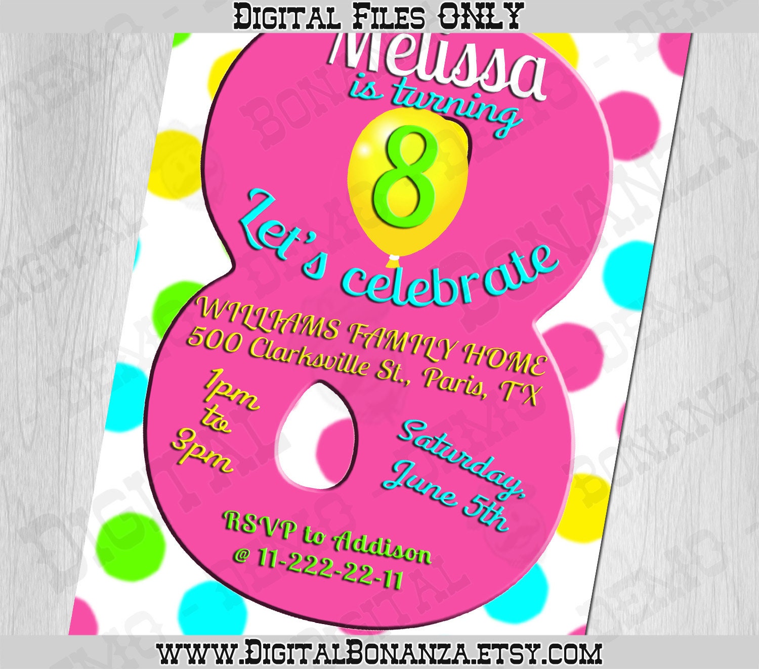 8th Birthday Invitation Pink Rainbow Dots Eight Birthday Party Etsy