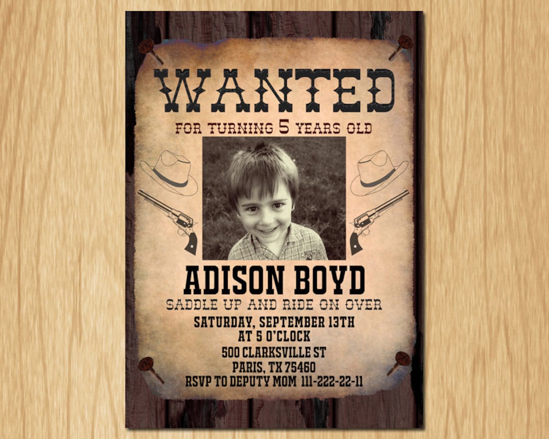 Cowboy Birthday Invitation Wanted Poster Old Wild West Birthday Party ...