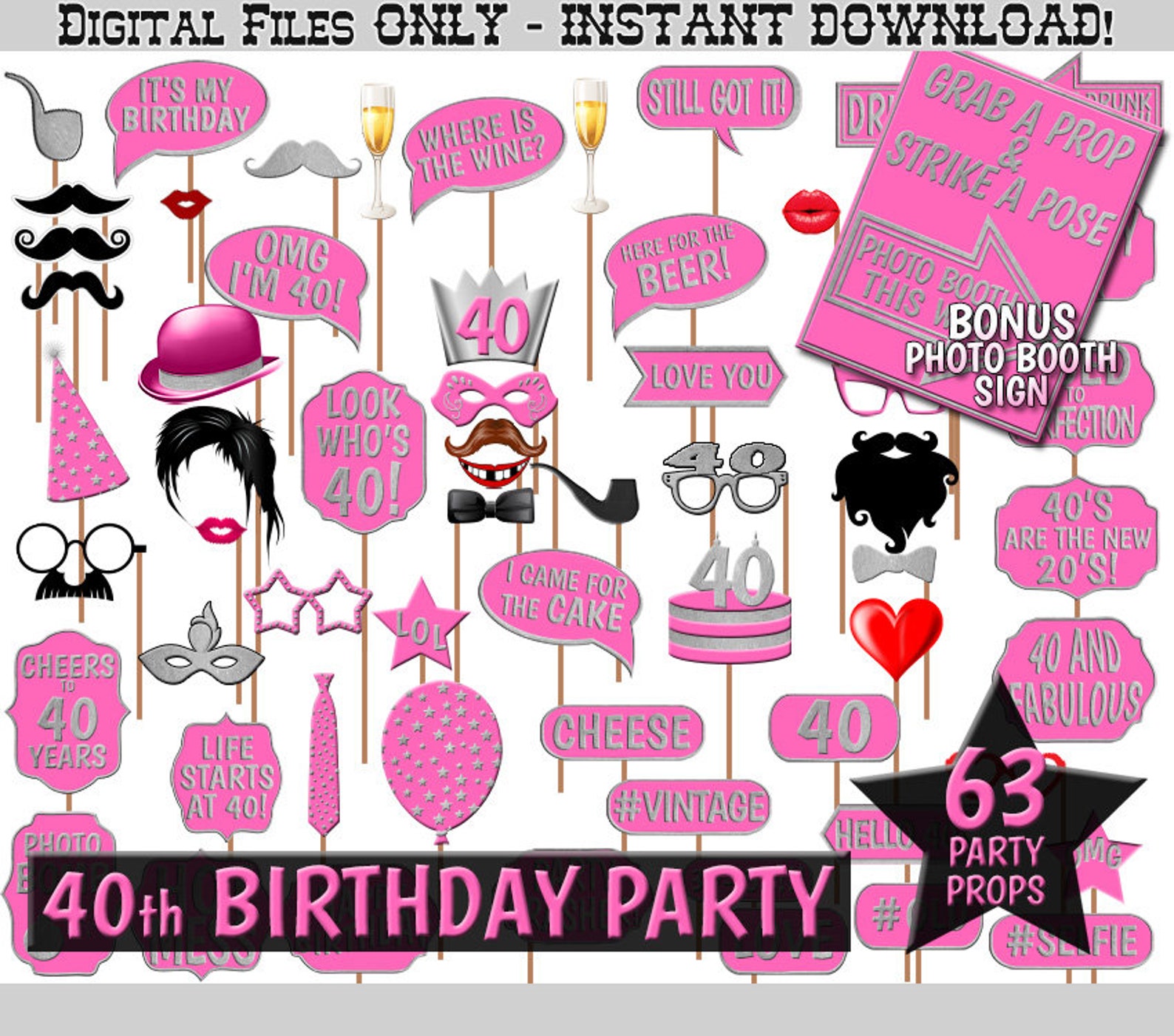 40th Birthday Party Printable Photo Booth Props Hot Pink and - Etsy