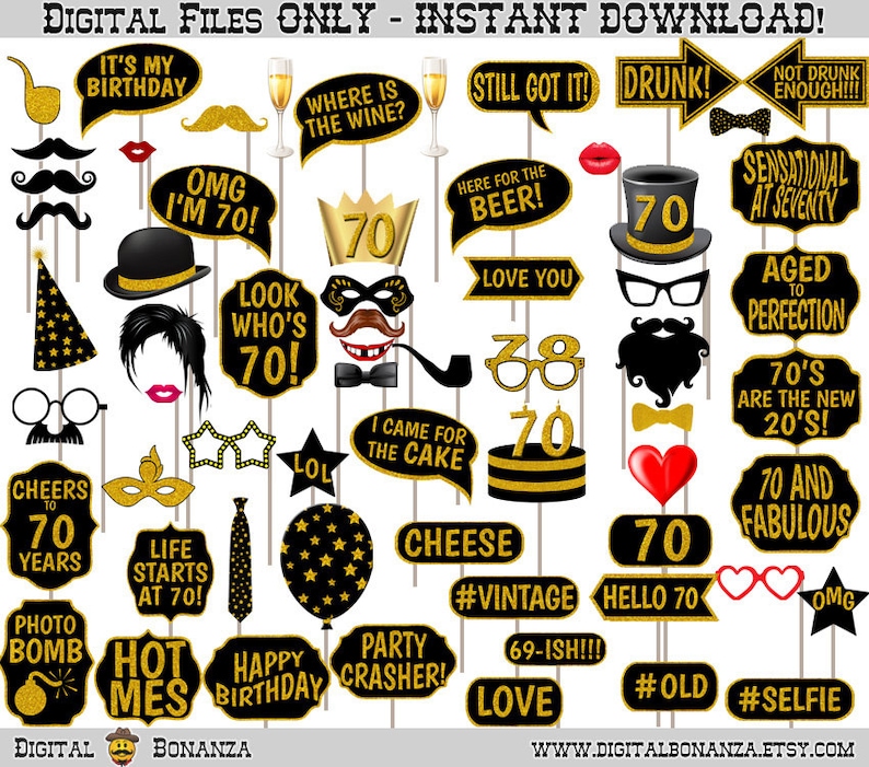 70th Birthday Party Printable Photo Booth Props. Black and - Etsy UK