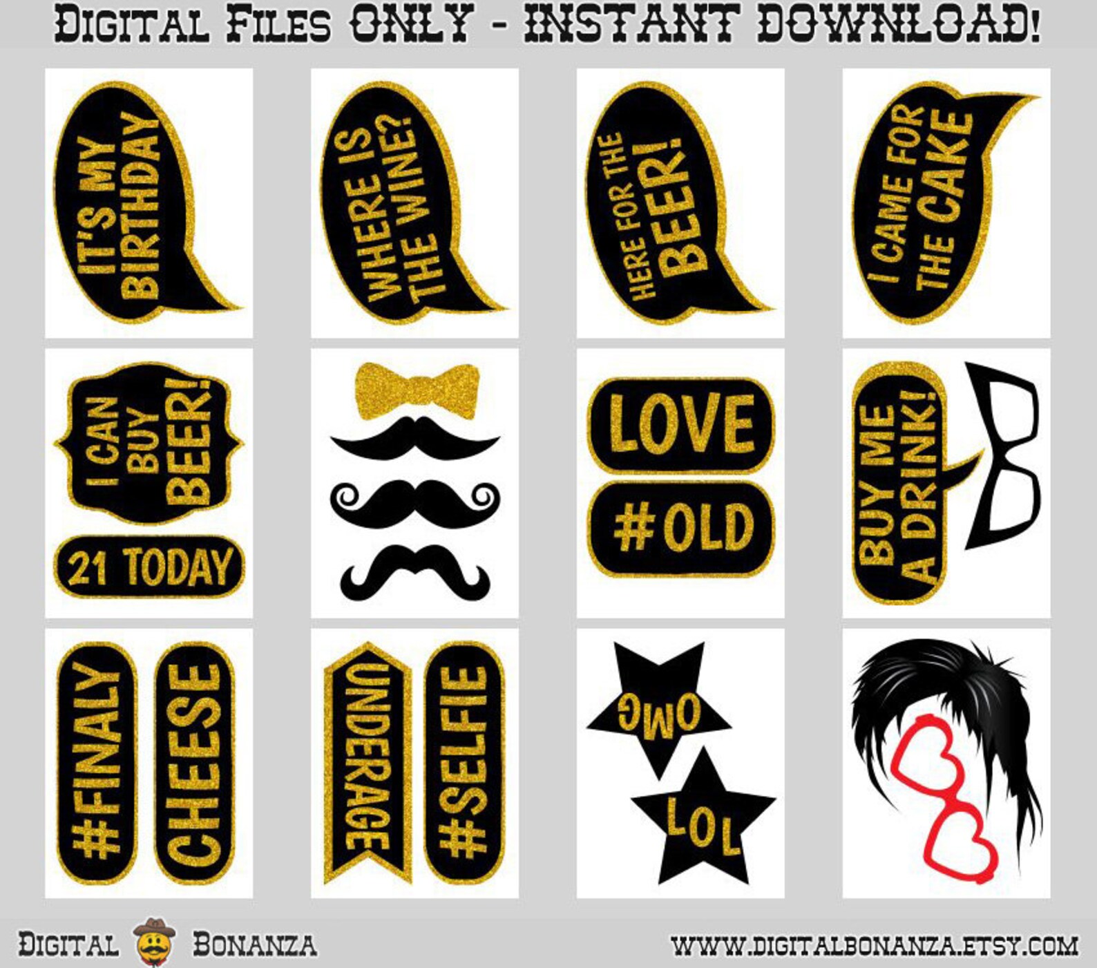 21st Birthday Party Printable Photo Booth Props. Black and - Etsy