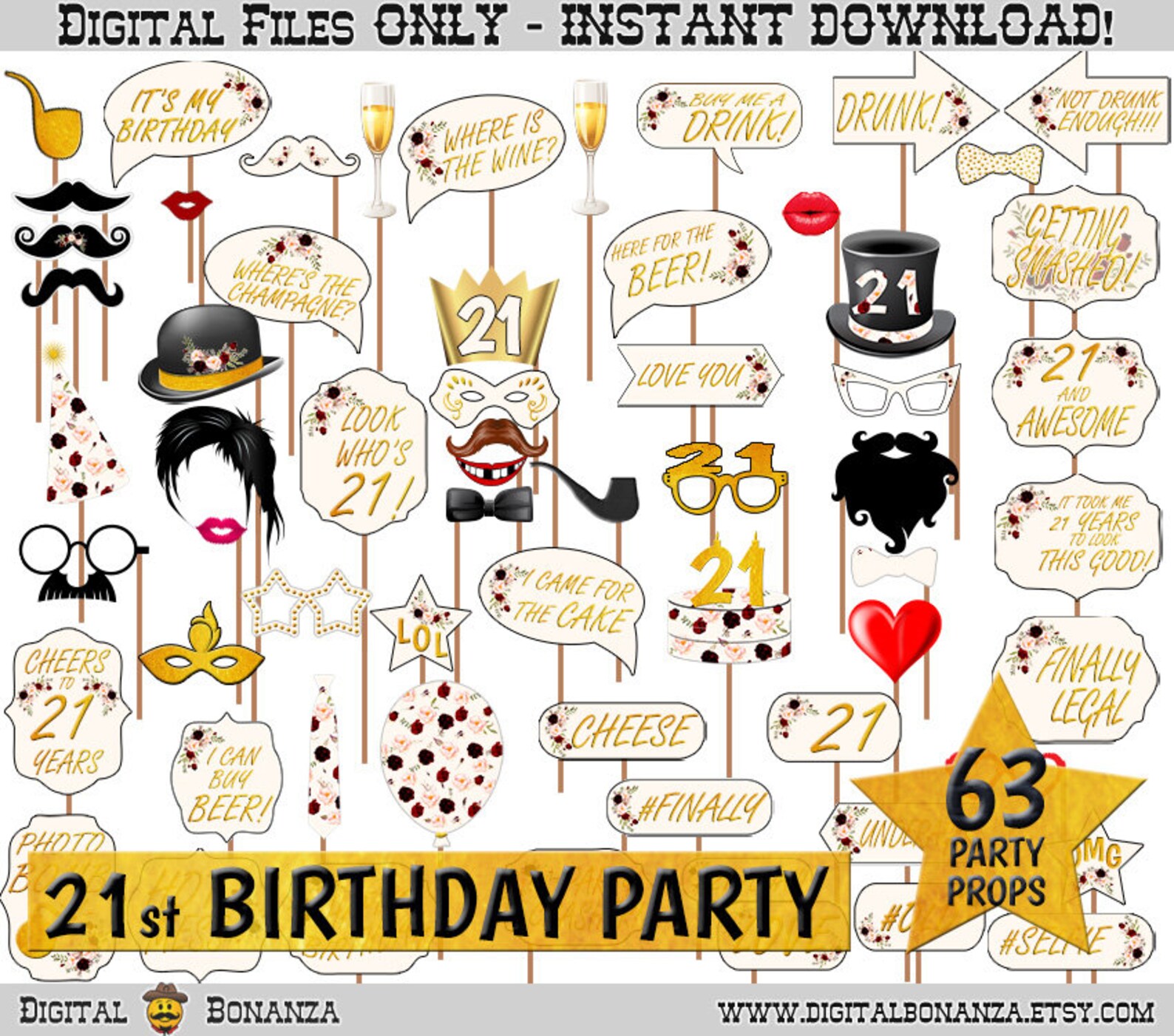21st Birthday Party Printable Photo Booth Props Marsala Bouquet Gold ...