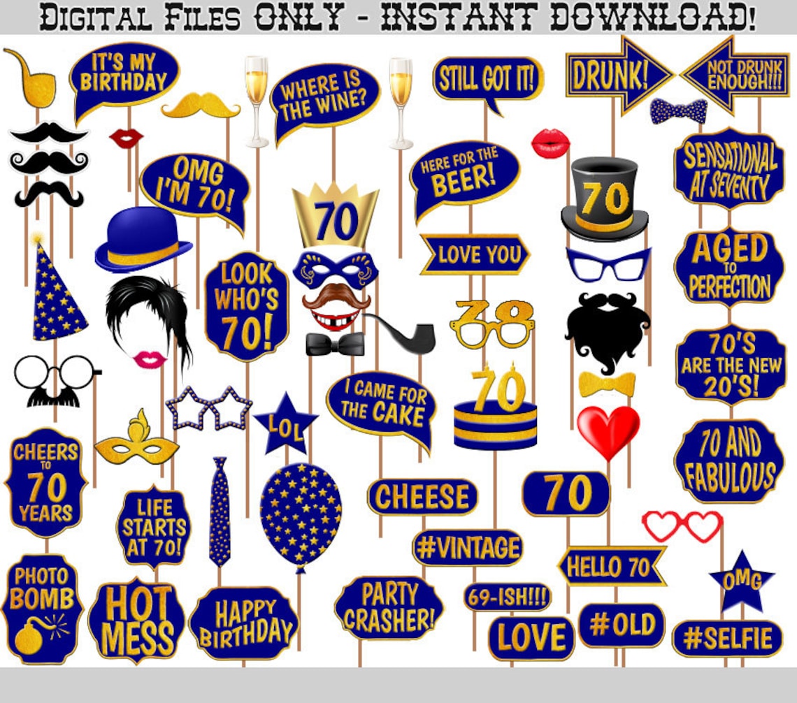 70th Birthday Party Photo Booth Props Navy Blue and Gold | Etsy