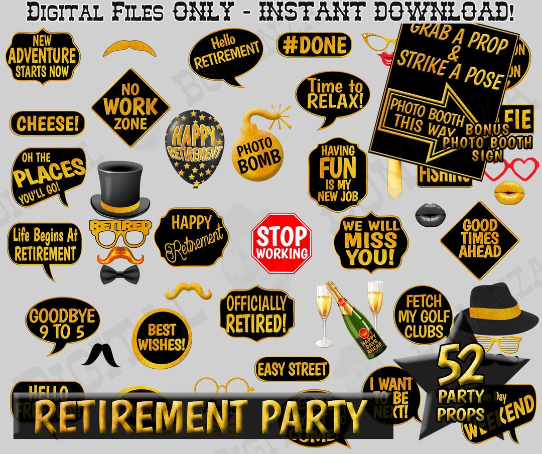 Retirement Party Props, Black and Gold Retirement Photo Booth Prop ...