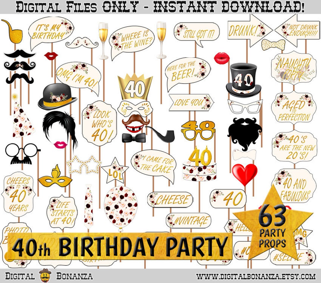 40th Birthday Party Printable Photo Booth Props Marsala Bouquet Gold ...