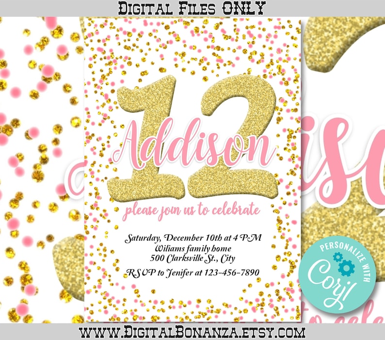 Girl 12th Birthday Invitation Pink and Gold Twelfth Birthday - Etsy