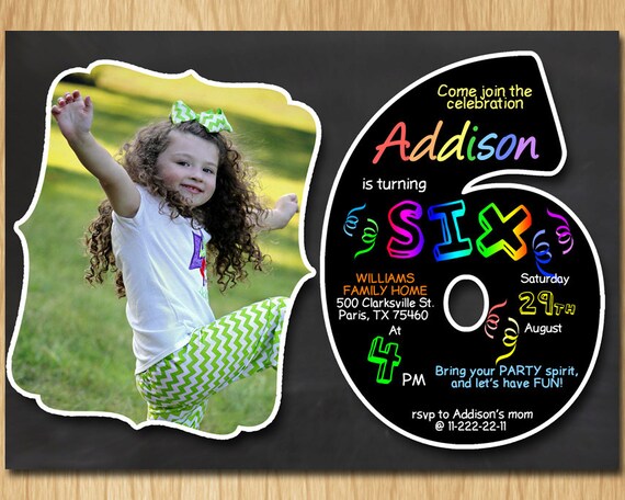 6th birthday invitation chalkboard invite rainbow colors sixth birthday ...