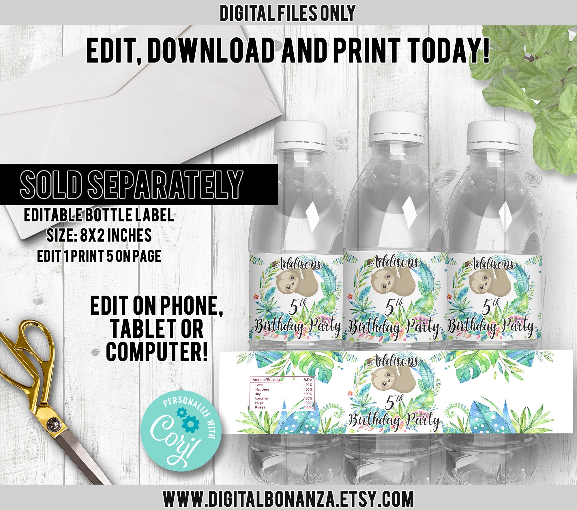 EDITABLE Sloth Birthday Favor Tag Sloth Favor Label Thank | Etsy