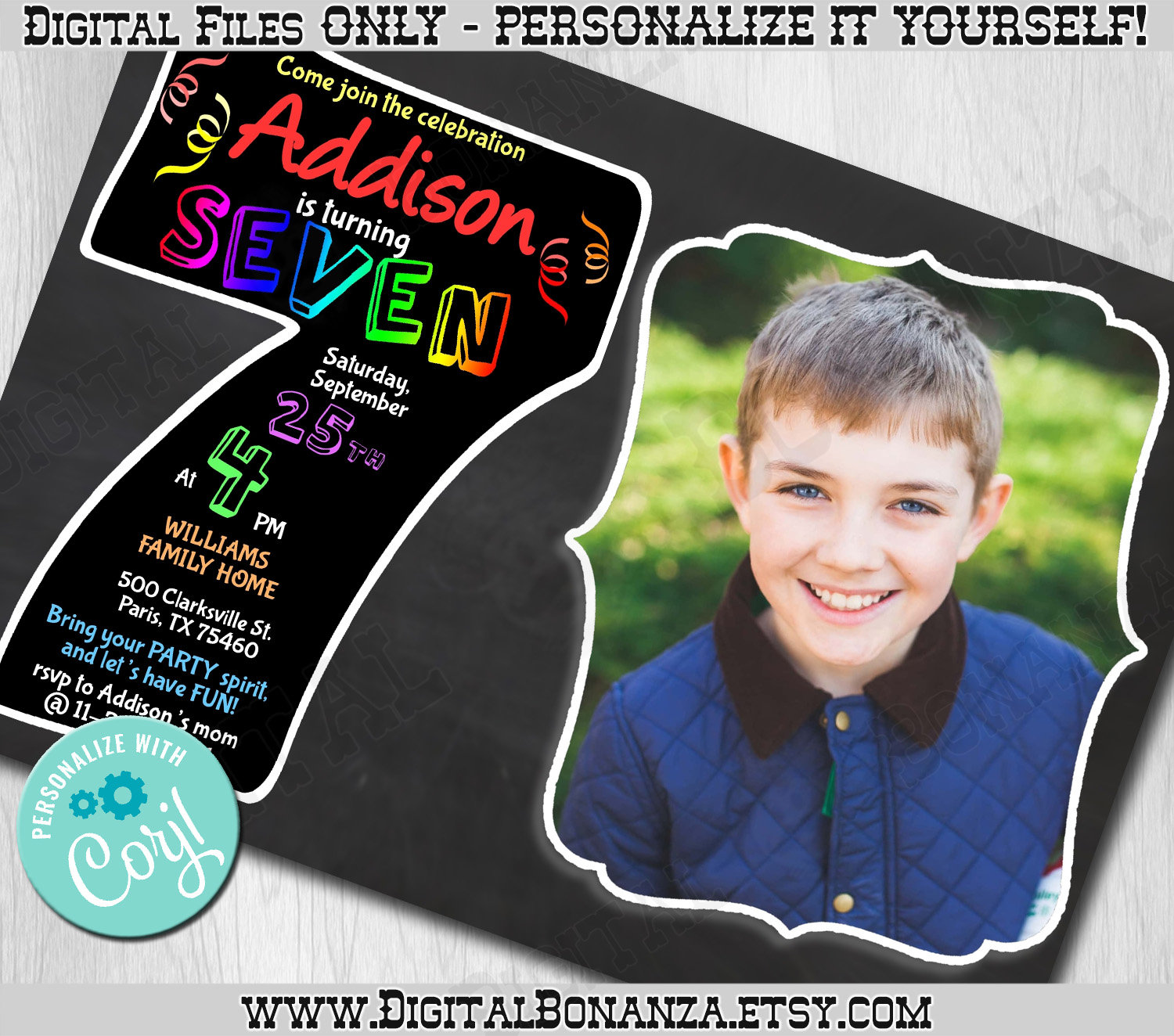 Baby Boy or Girl Birthday Party 7th Birthday Invite with Photo ...