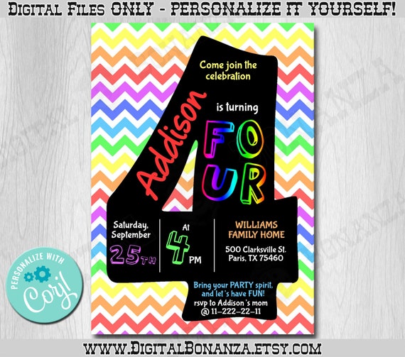 4th Birthday Invitation Rainbow Chevron. Edit Yourself Online. Fourth ...