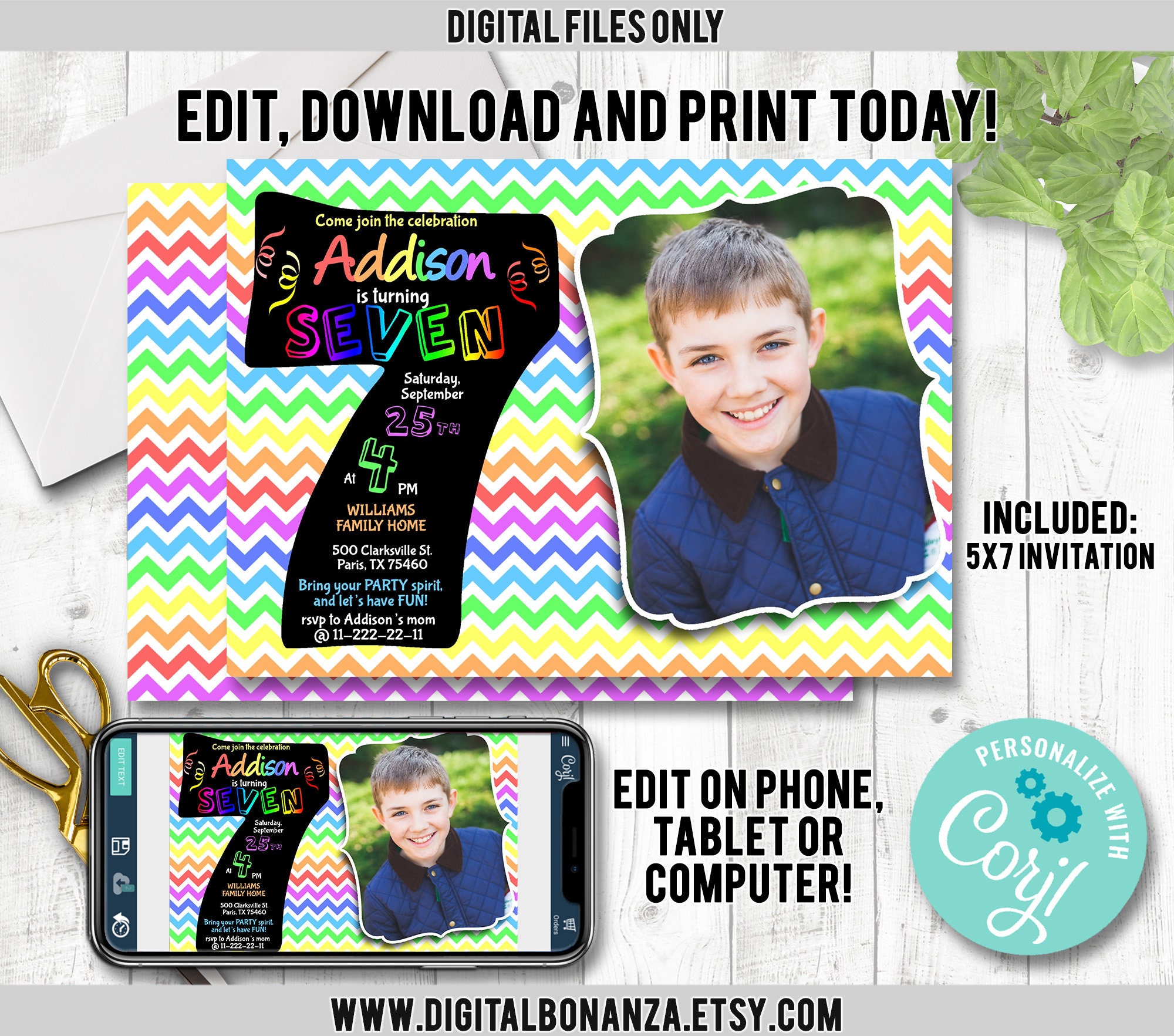 7th Birthday Invitation Rainbow Chevron. Edit Yourself Online. | Etsy