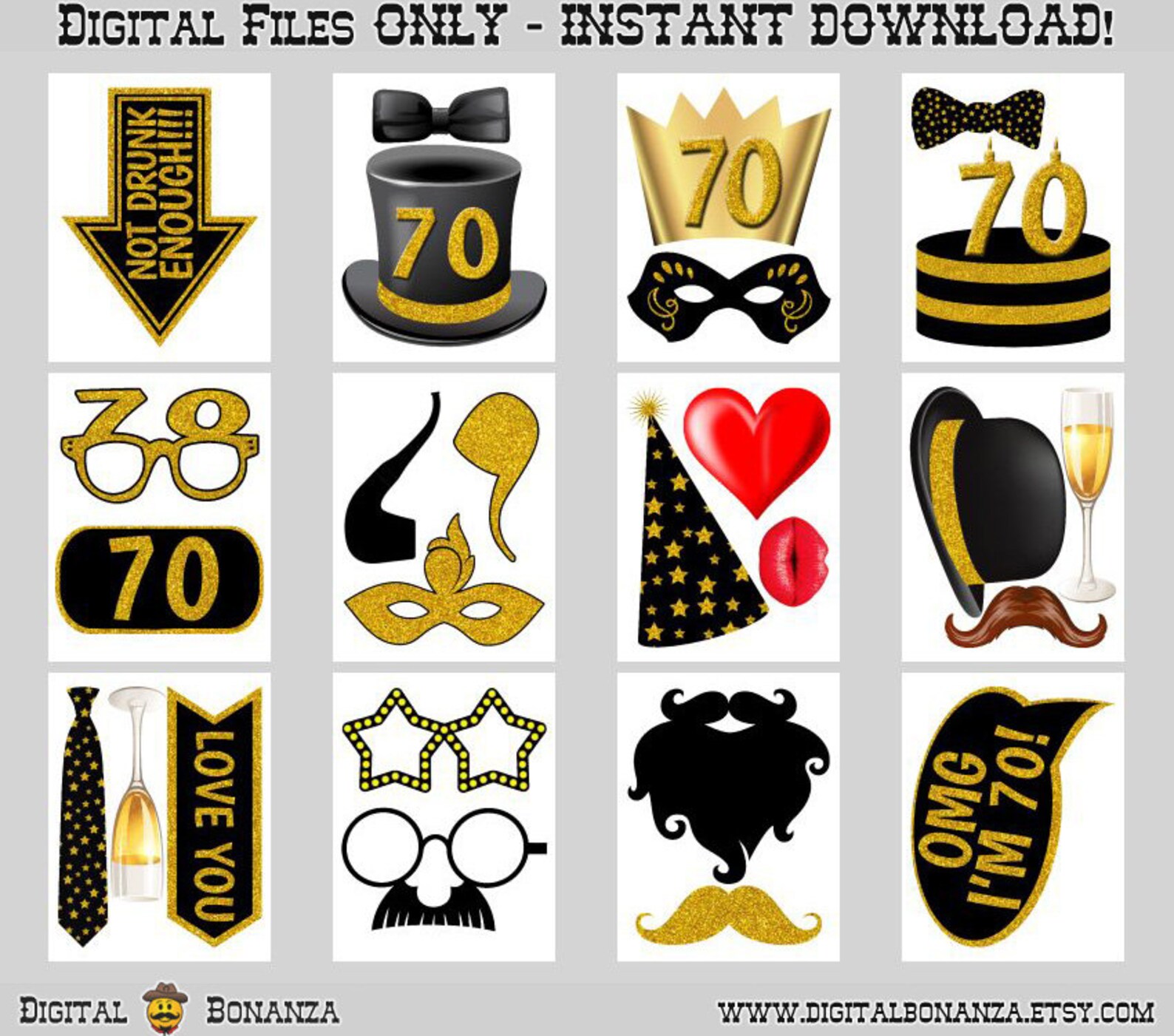 70th Birthday Party Printable Photo Booth Props. Black and - Etsy UK