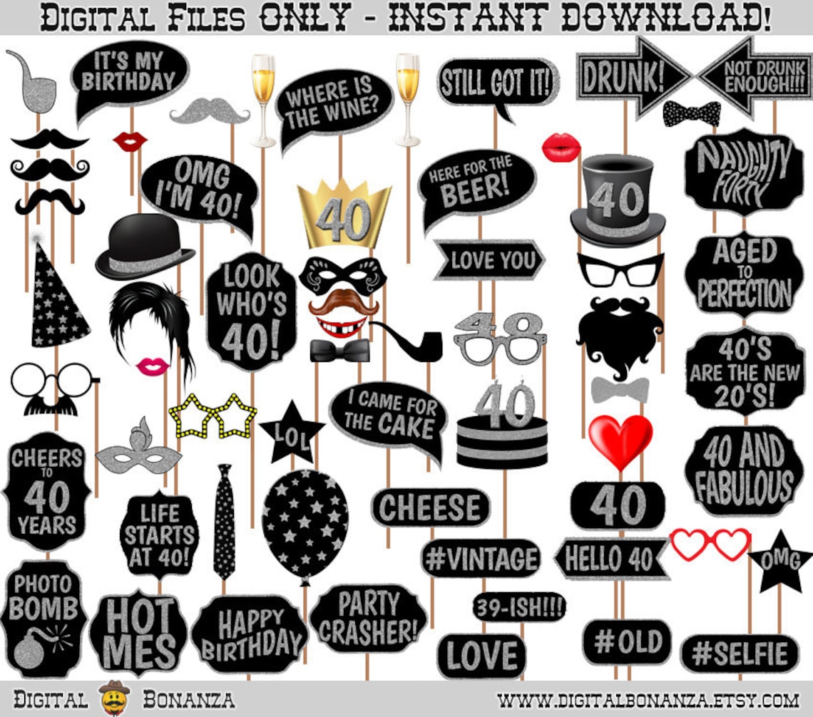 40th Birthday Photo Booth Props, Black and Silver Glitter (digital ...