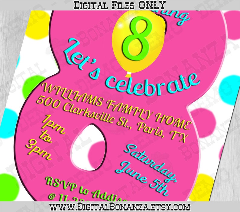 8th Birthday Invitation Pink Rainbow Dots Eight Birthday Party Etsy