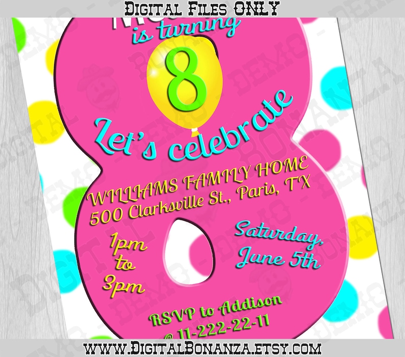 8th Birthday Invitation Pink Rainbow Dots Eight Birthday Party Etsy