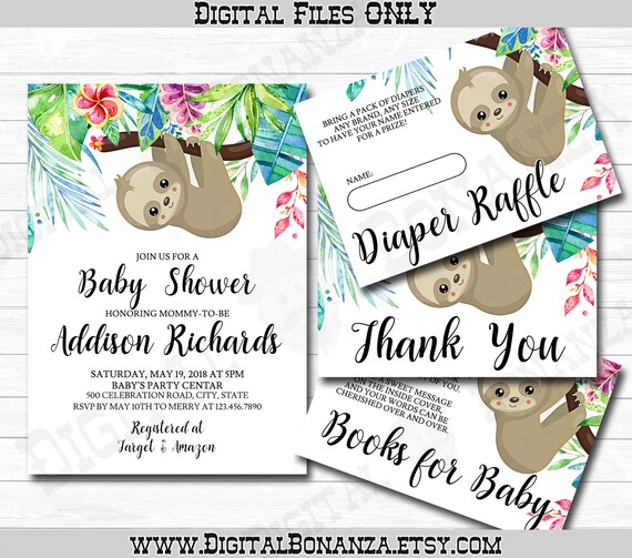 Sloth Baby Shower Invitation, Thank You, Books for Baby, Diaper Raffle ...