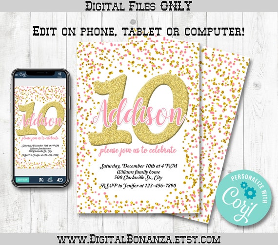 Girl 10th Birthday Invitation Pink and Gold Tenth birthday invite ...
