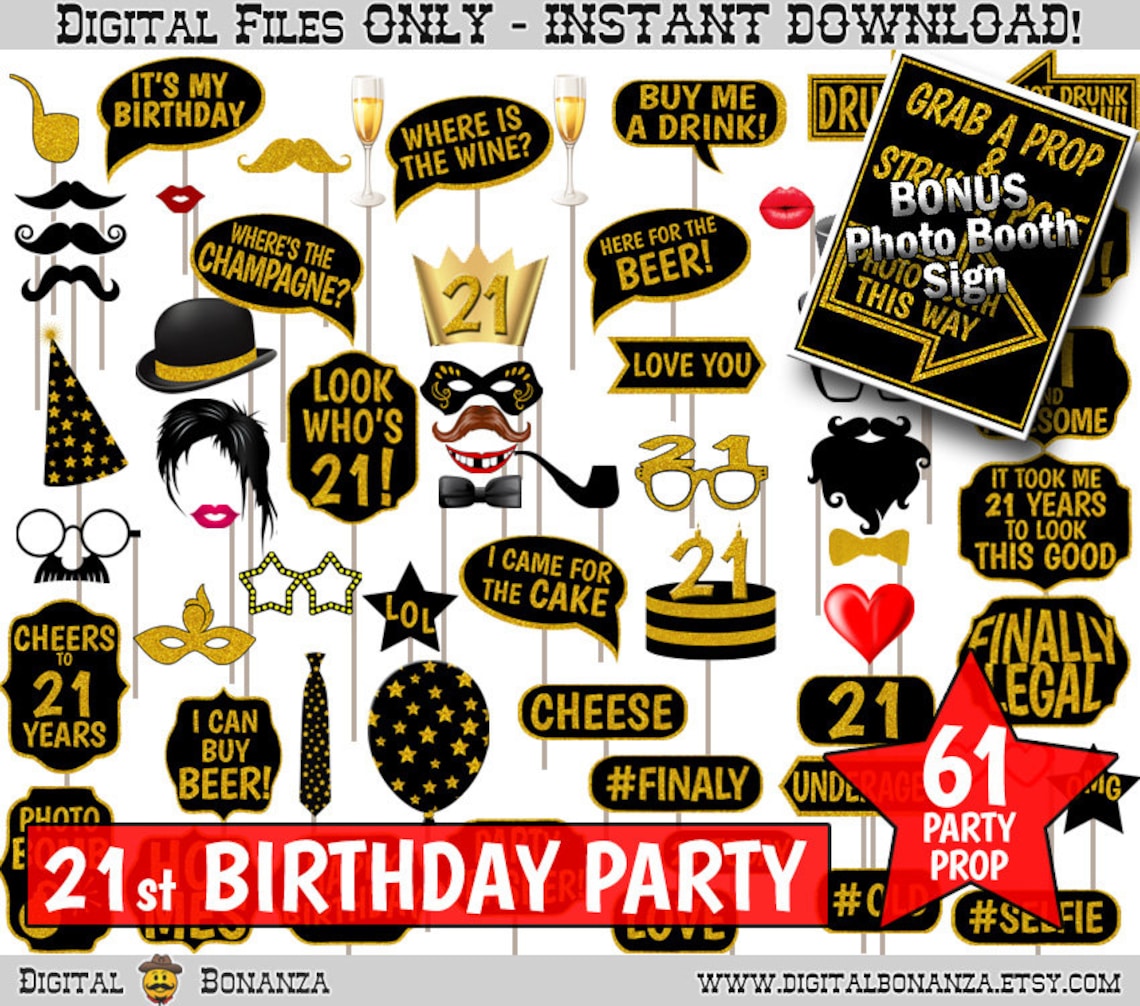 21st Birthday Photo Booth Props, Black and Gold Glitter (digital ...
