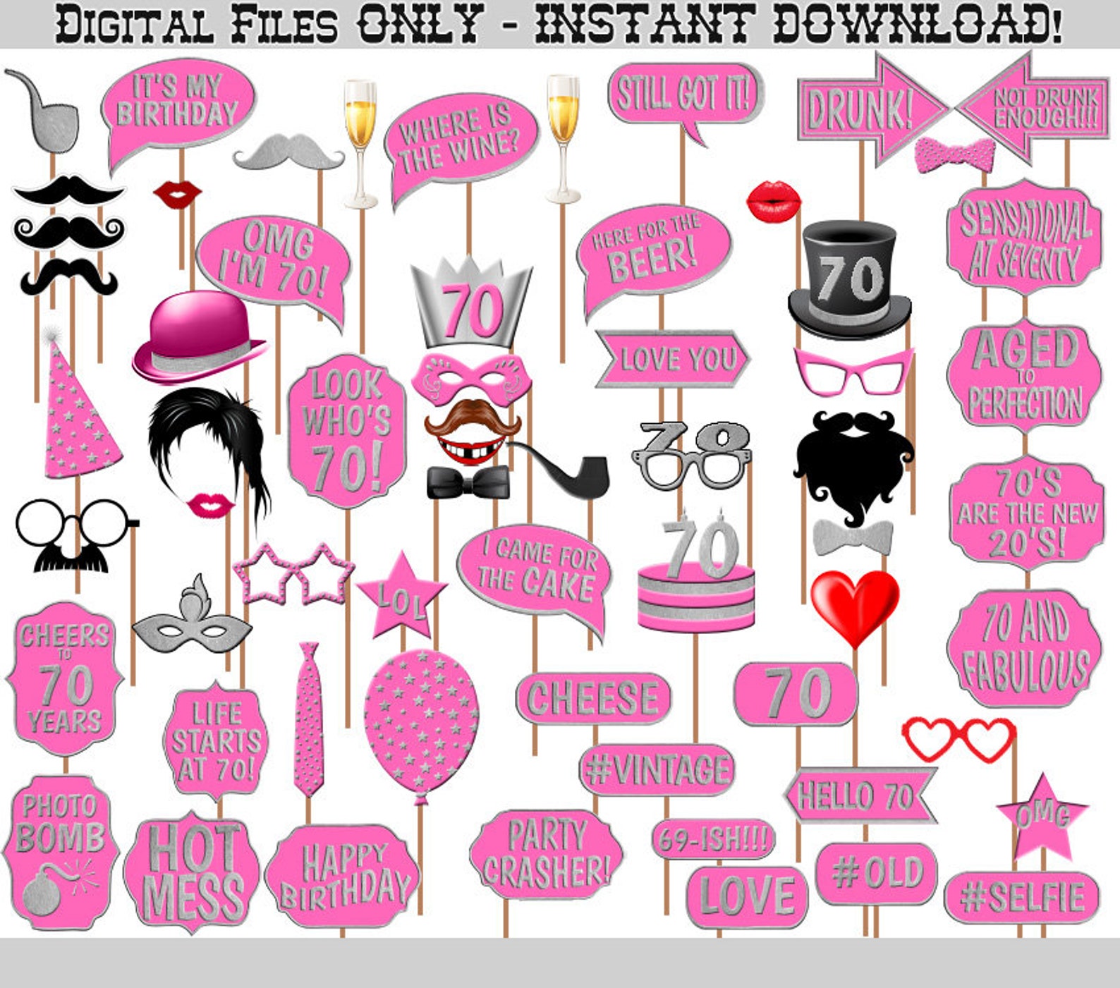 70th Birthday Party Printable Photo Booth Props Hot Pink and | Etsy Canada