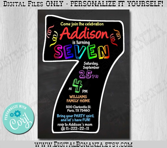 7th Birthday Invitation Chalkboard. Edit Yourself Online. Seventh ...
