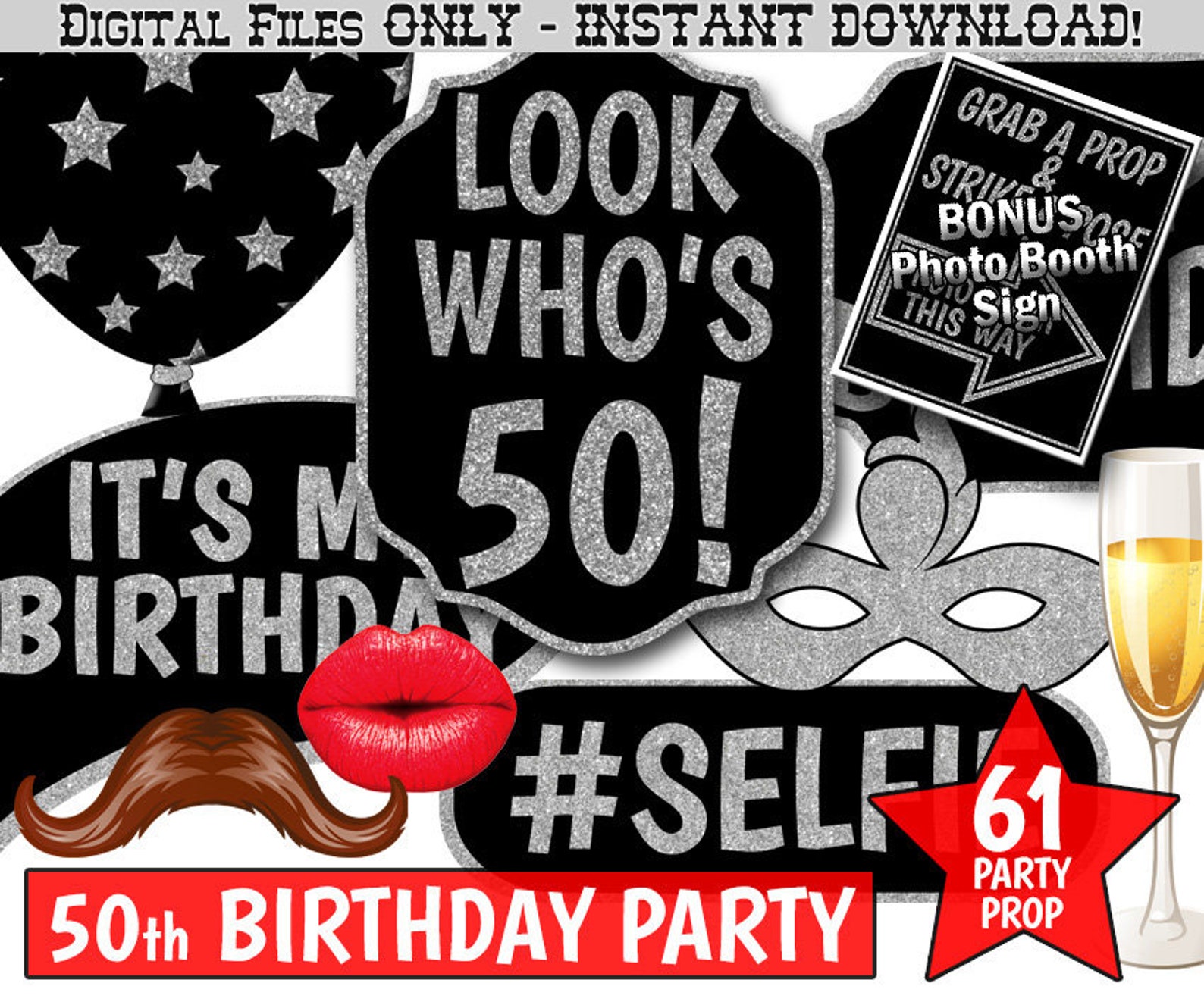 50th Birthday Party Photo Booth Props, Black and Silver Glitter ...
