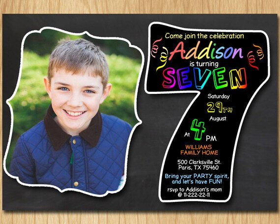 7th Birthday Invitation Chalkboard Invite Rainbow Colors Seventh 7th Birthday Invitation Chalkboard Invite Rainbow Colors Seventh