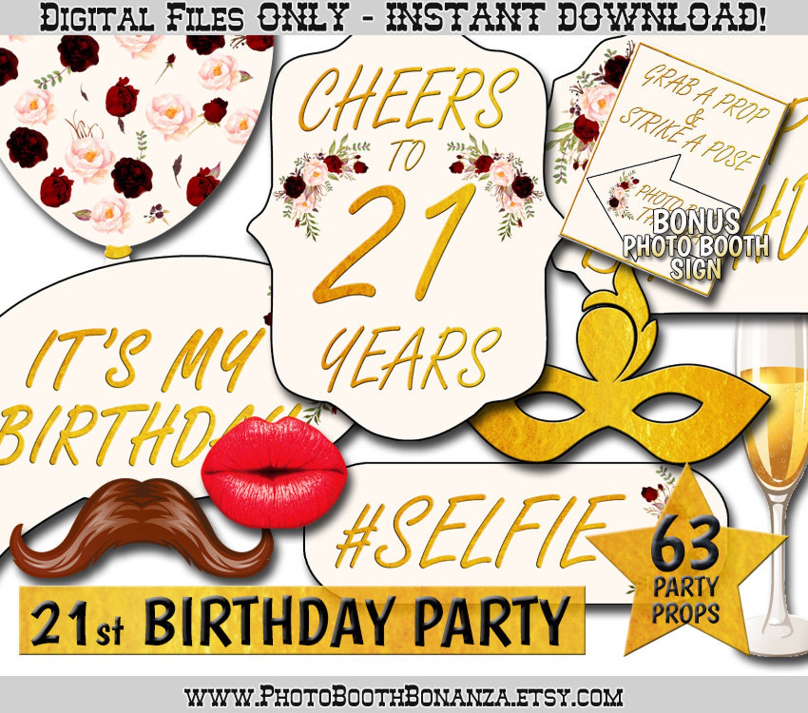 21st Birthday Party Printable Photo Booth Props Marsala Bouquet Gold ...