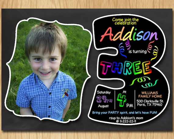 3rd birthday invitation chalkboard invite rainbow colors third birthday ...