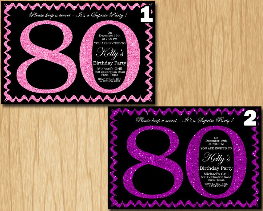 80th Birthday Invitation Pink Red Purple Blue Green Glitter Etsy