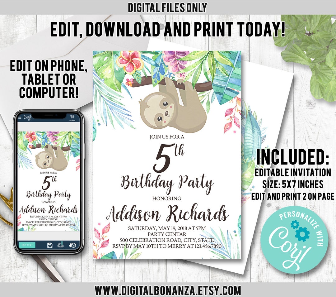 EDITABLE Sloth Birthday Party Invitation Birthday Party Party ...