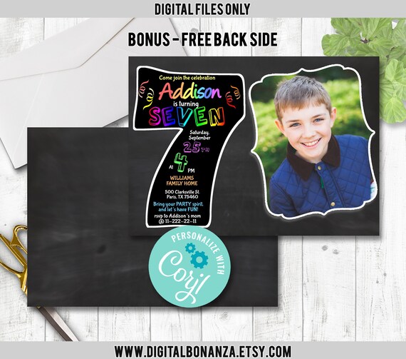 Baby Boy or Girl Birthday Party 7th Birthday Invite with Photo ...