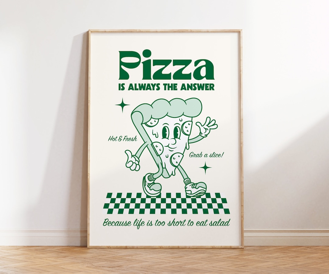 Retro Cartoon Pizza Print, Charming Retro Style Pizza Print, Gift for ...