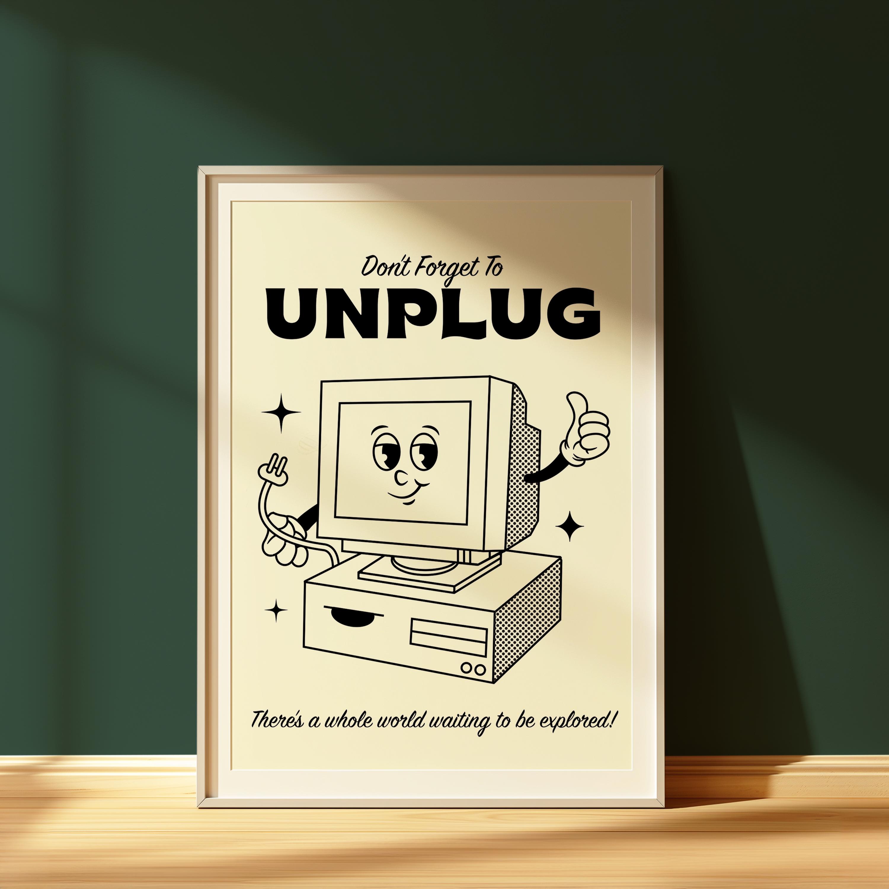 Retro Computer Illustration, Retro Character Print, Unplug Print ...
