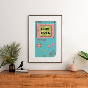 Retro 90s Handheld Video Game Art Print, Game Room Decor, Game Over ...