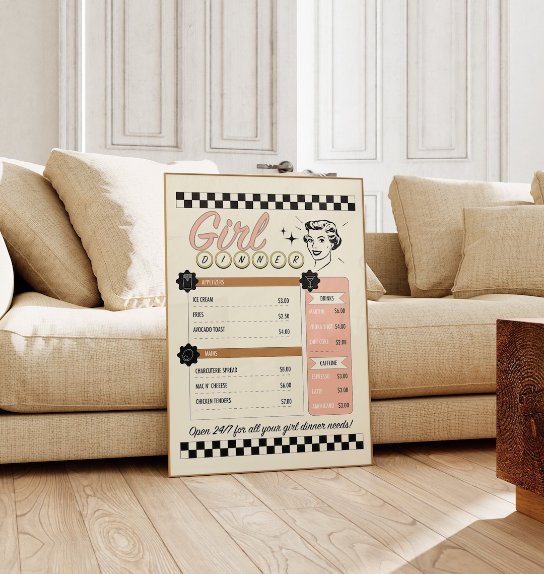 Girl Dinner Poster, Retro Kitchen Art, Aesthetic Kitchen Wall Art ...