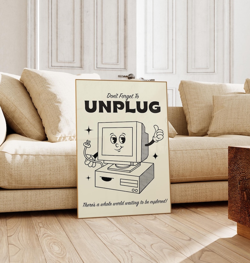Retro Computer Illustration, Retro Character Print, Unplug Print ...