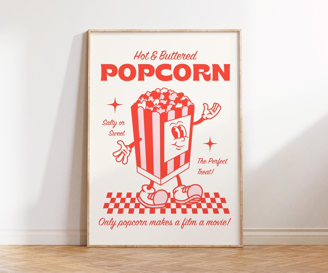 Retro Popcorn Art Print, Cute Retro Character Print, Gift for Movie ...