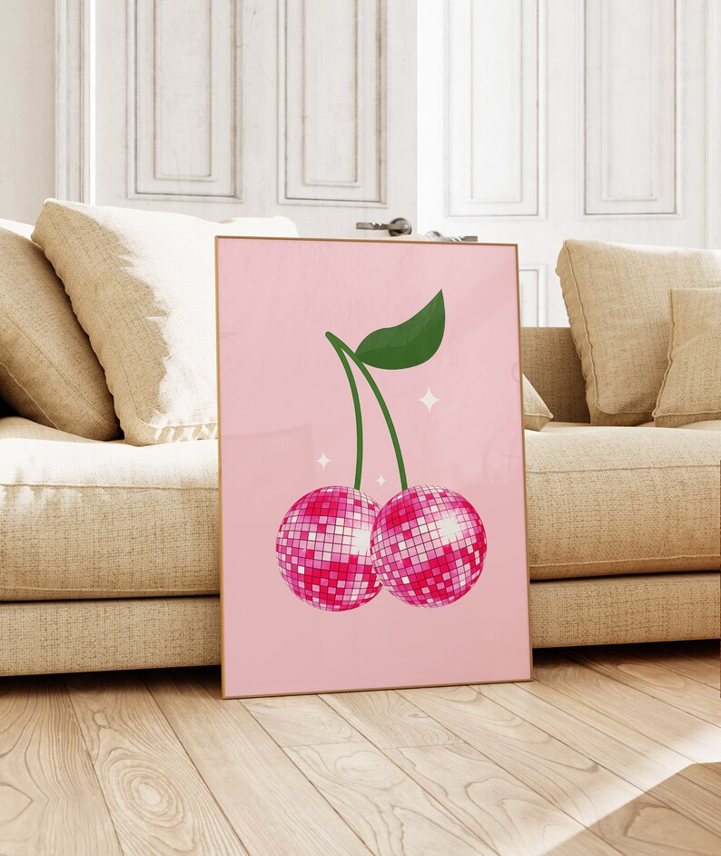 Disco Ball Cherries Print, Pink Aesthetic, Disco Ball Print, Room Decor ...
